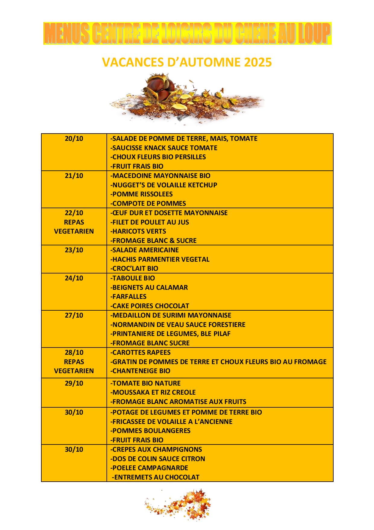 Menus vacances de l’automne – Espace Maliso